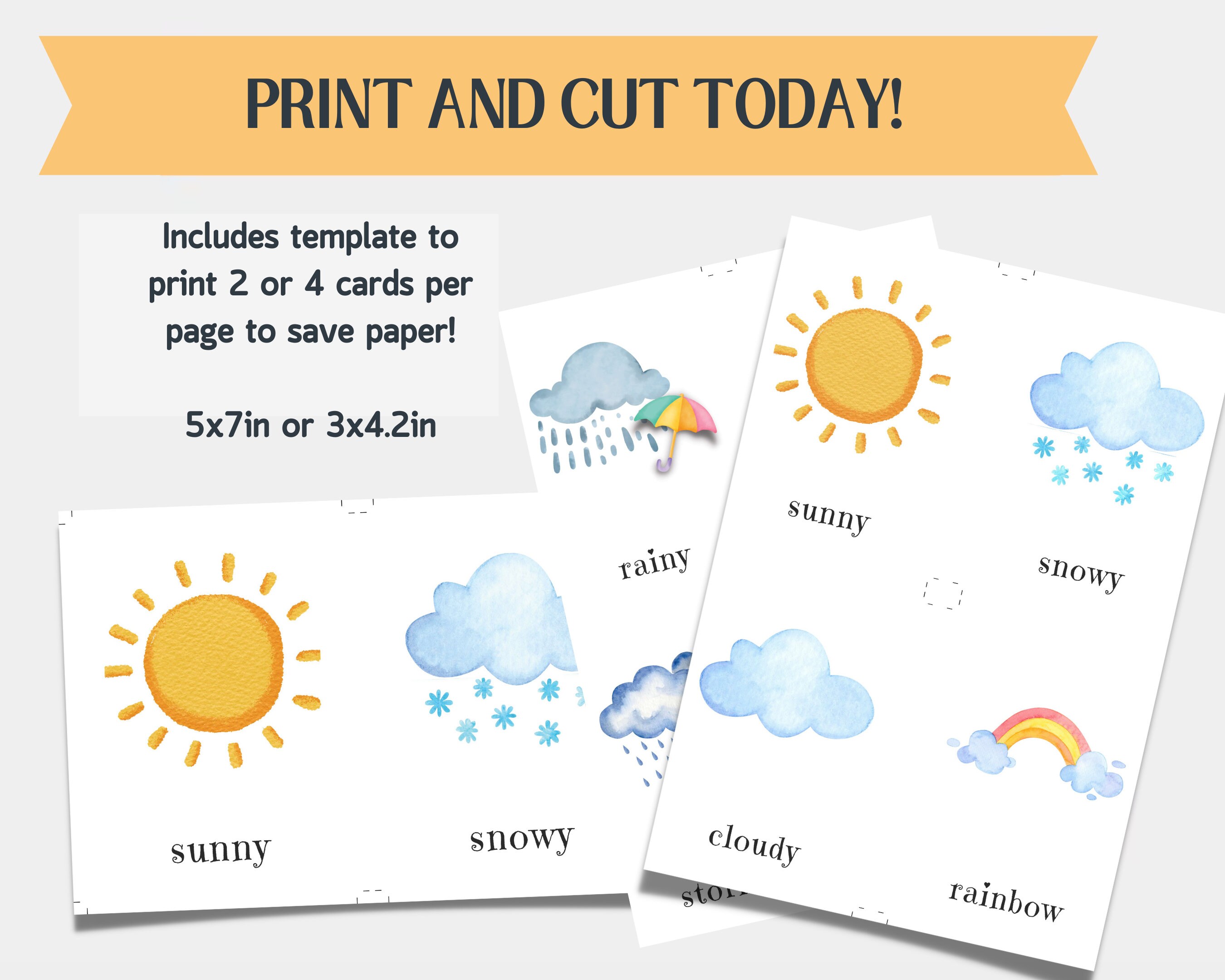 16 Weather Cards Montessori Flashcards Pre-school Cards Rainbow ...