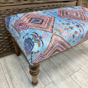 Geometric Ottoman Bench 18x48, Blue Moroccan Rug Upholstered Bench ...