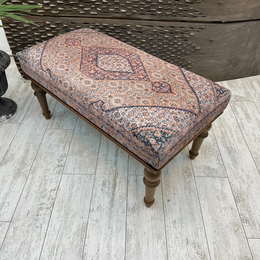 Bohemian Ottoman Bench, Brown Persian Rug Upholstered Bench, End of Bed ...