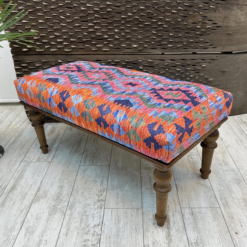 Aztec Kilim Rug Upholstered Ottoman Bench, Entryway Footstool, Boho ...