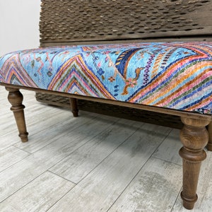 Geometric Ottoman Bench 18x48, Blue Moroccan Rug Upholstered Bench ...