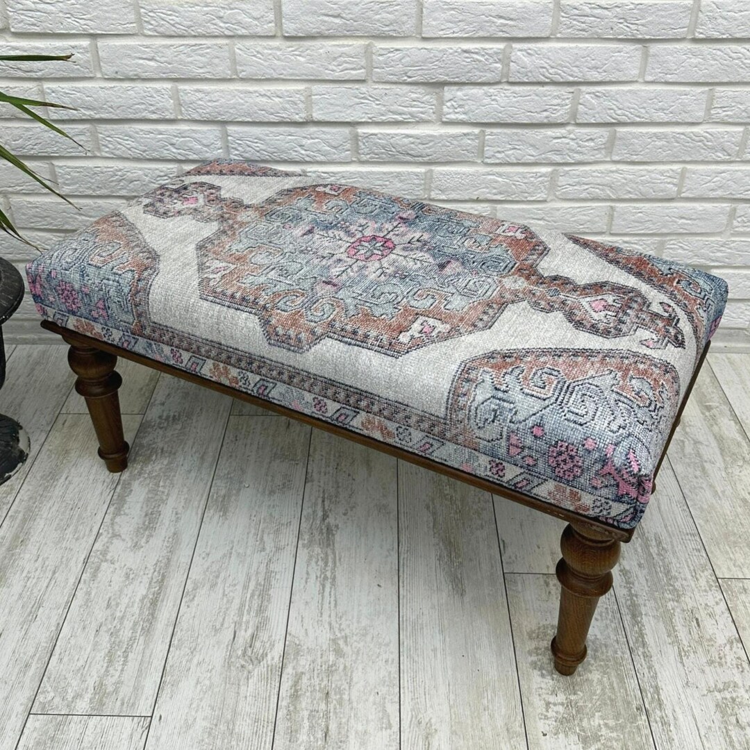 Kilim Rug Ottoman Bench for Living Room, Long Bedroom End of Bed Bench ...