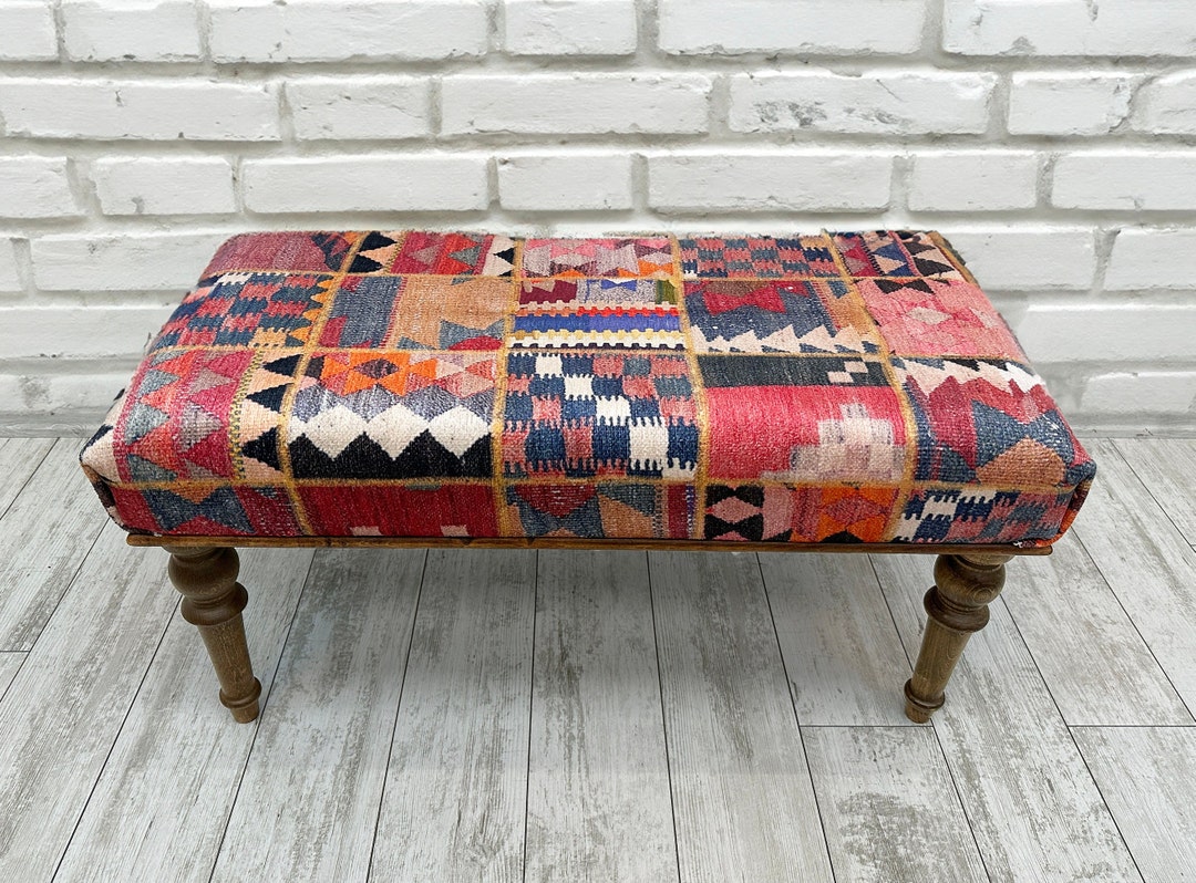 Patchwork Rug Upholstered Wood Ottoman Bench 18x18x43", Boho Piano ...