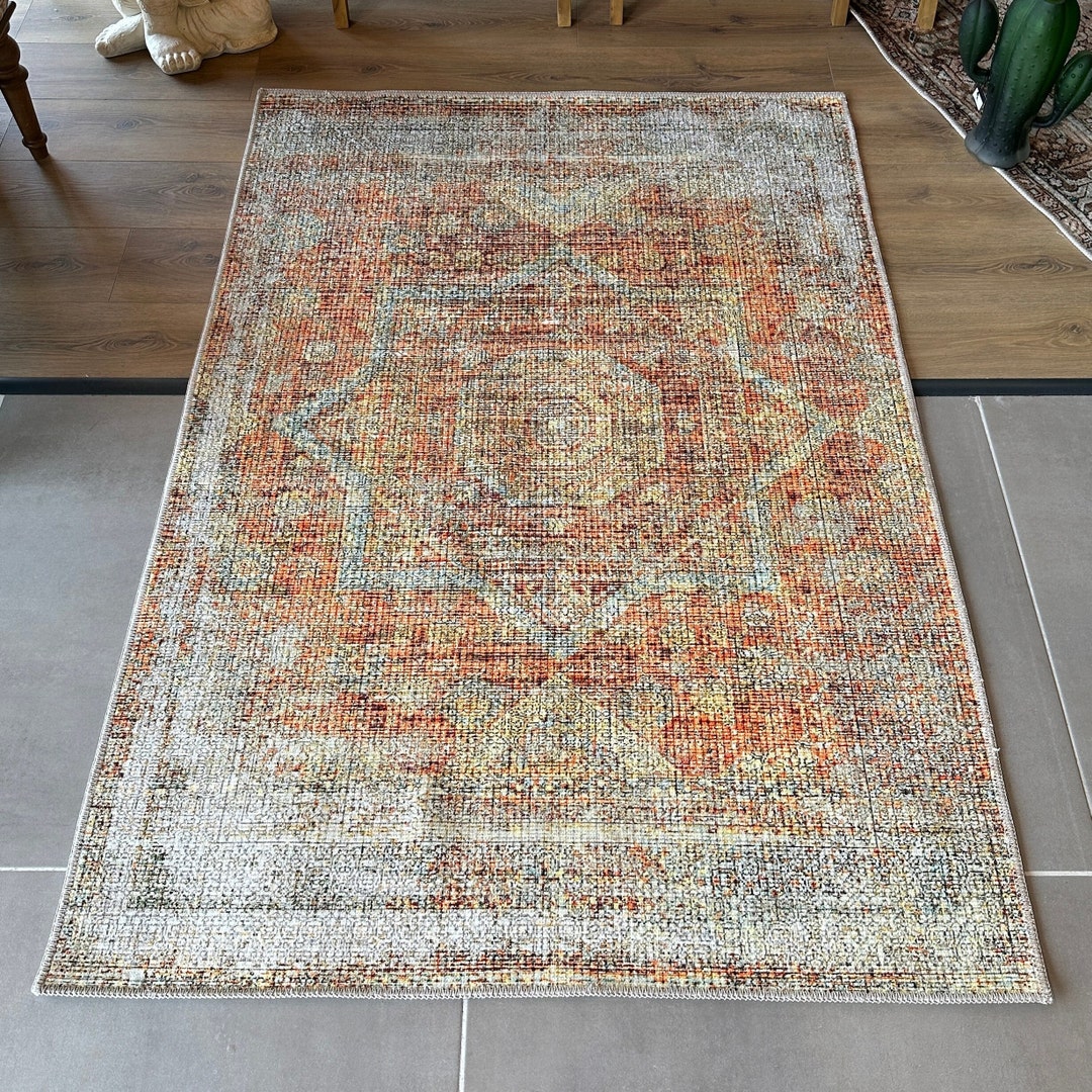 Orange Distressed Area Rug 5x8, Washable Turkish Rug, Beige Oushak Rug ...