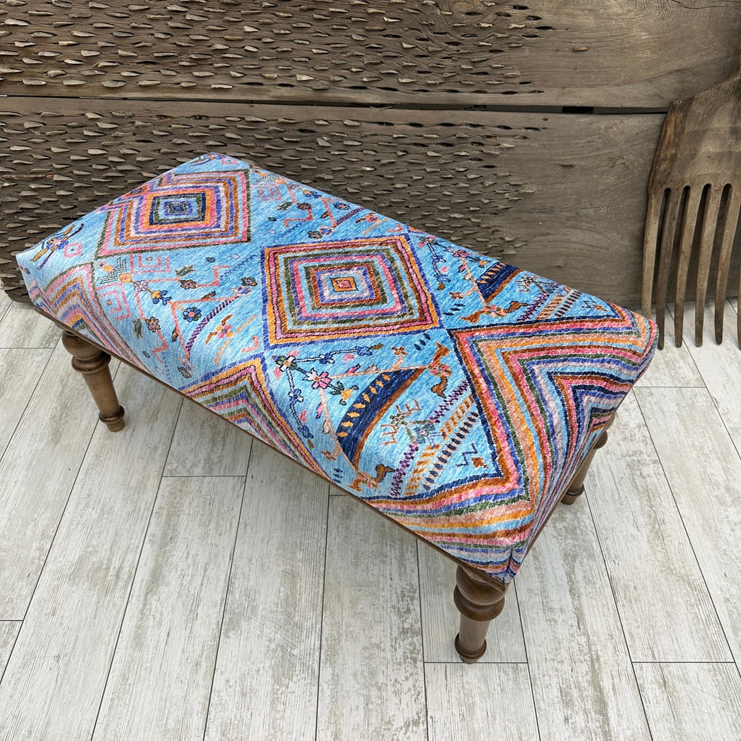 Geometric Ottoman Bench 18x48, Blue Moroccan Rug Upholstered Bench ...