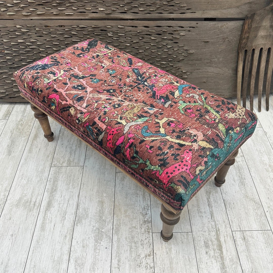 Pink Animal Print Ottoman Bench, Rug Upholstered Bench, Decorative ...