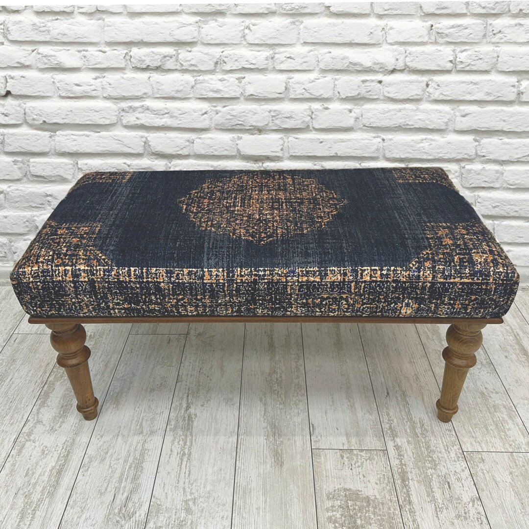 Blue Rug Upholstered Ottoman Bench 48", Boho Entryway Bench, Dining ...