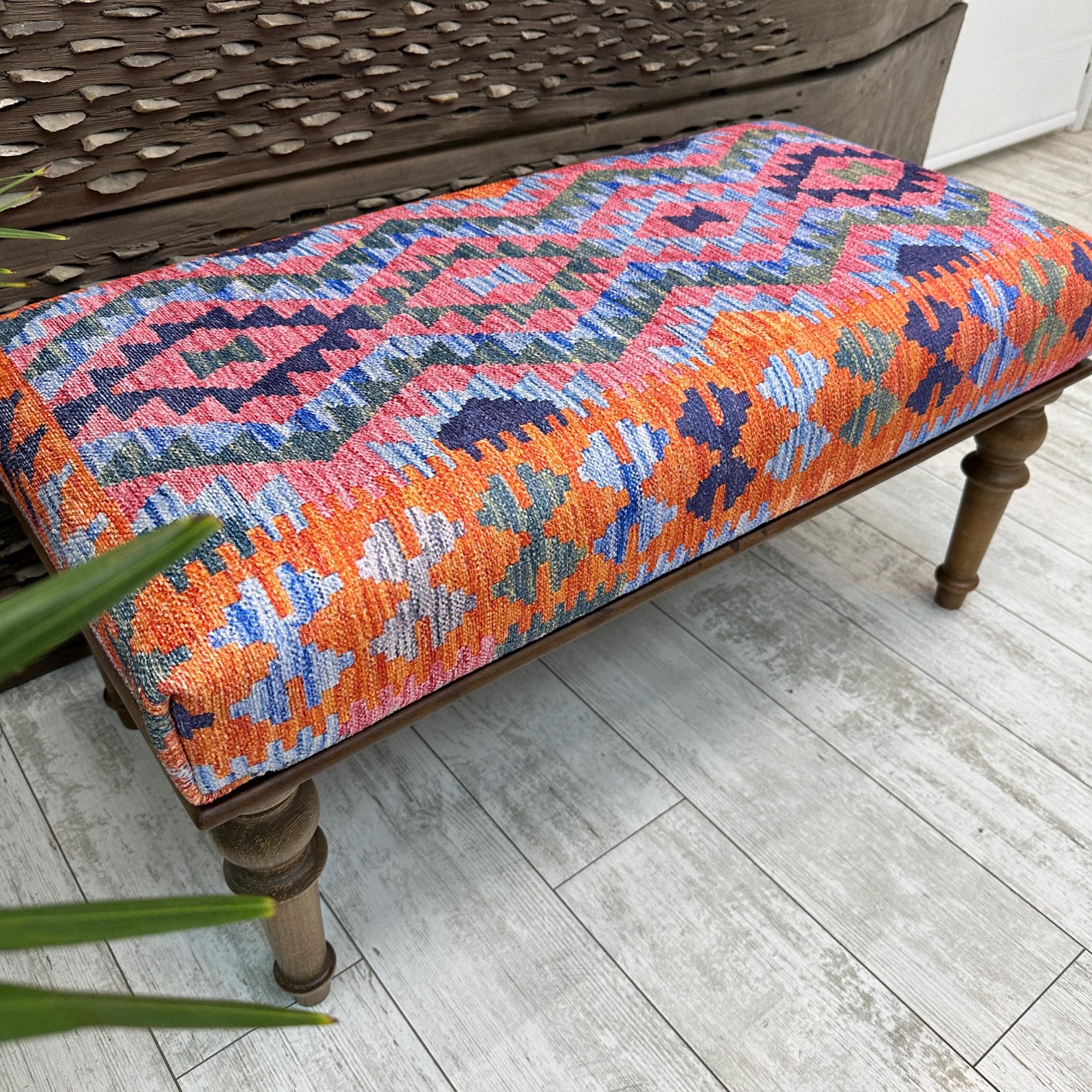 Aztec Kilim Rug Upholstered Ottoman Bench, Entryway Footstool, Boho ...