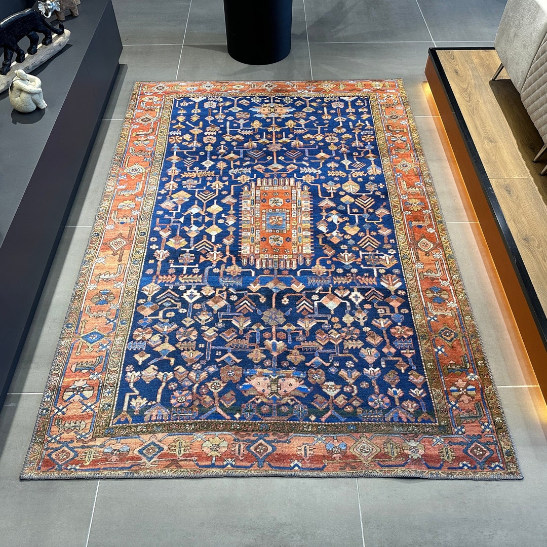 Blue Persian Area Rug 5x8, Boho Decorative Turkish Rug 6x9, Orange ...