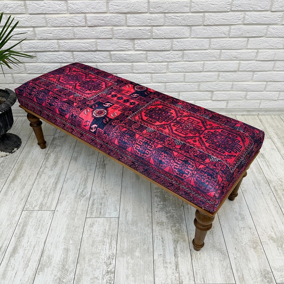 Red Afghan Rug Upholstered Ottoman Bench, Southwestern Bench, Piano ...