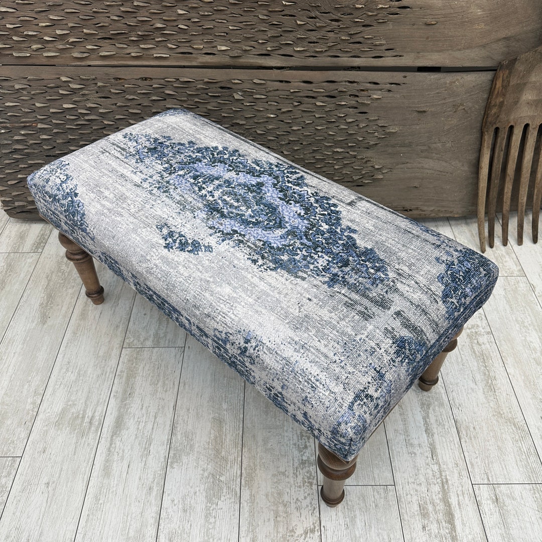 Blue Ottoman Footstool, Wood Work Bench, Farmhouse Bench, Mid Century ...