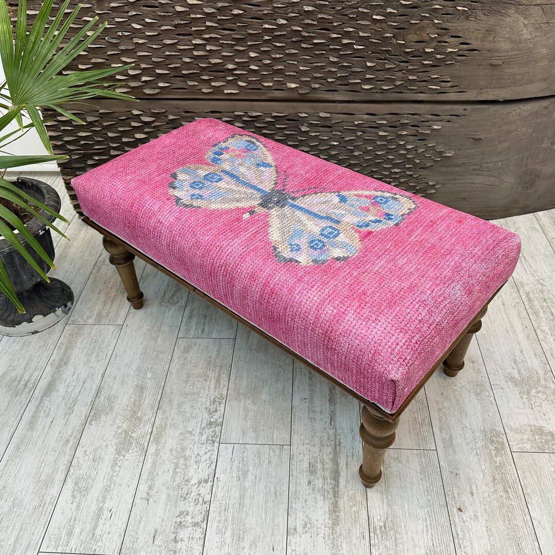 Butterfly Print Ottoman Bench, Animal Print Bench, Handmade Pink Bench ...