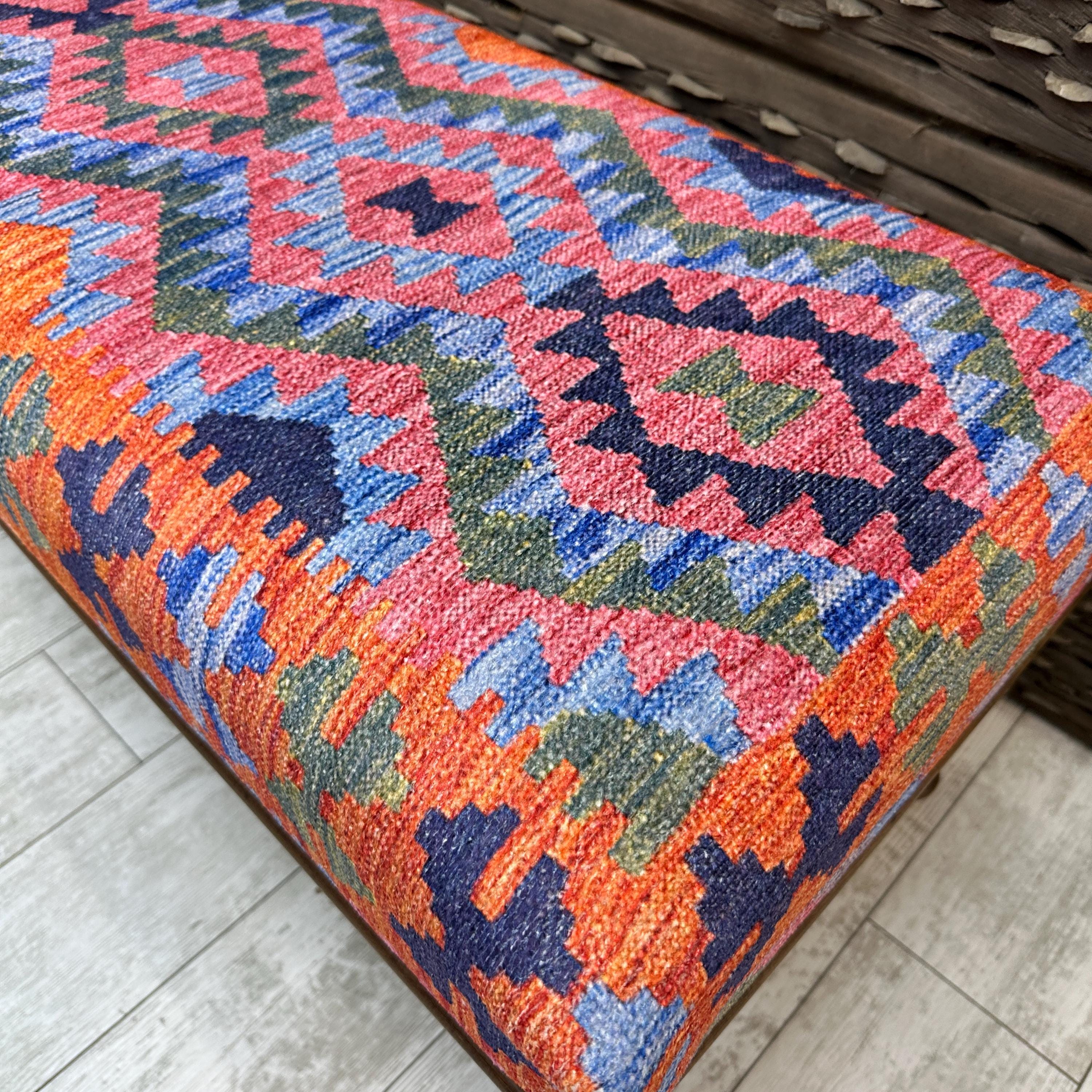 Aztec Kilim Rug Upholstered Ottoman Bench, Entryway Footstool, Boho ...