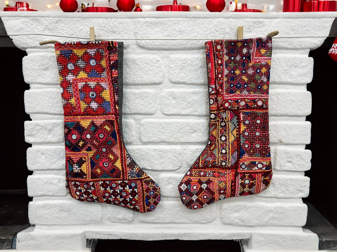 Christmas Stockings, Set of 2 Orange Farmhouse Stockings, Fireplace ...