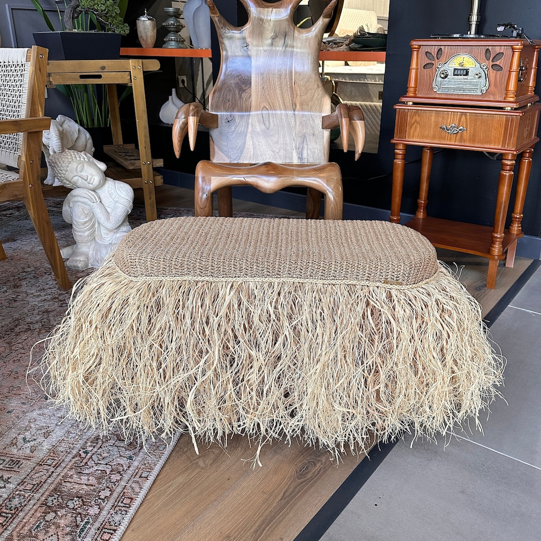 Bohemian Jute Raffia Ottoman Bench, Boho Entry Footstool, Hawaiian Sea ...