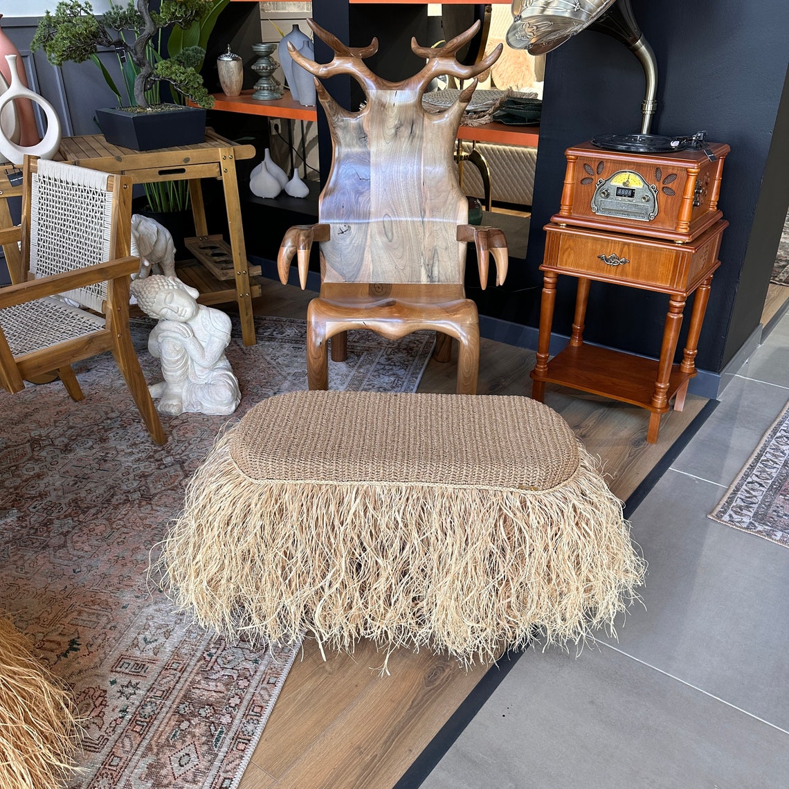 Bohemian Jute Raffia Ottoman Bench Boho Entry Footstool - Etsy