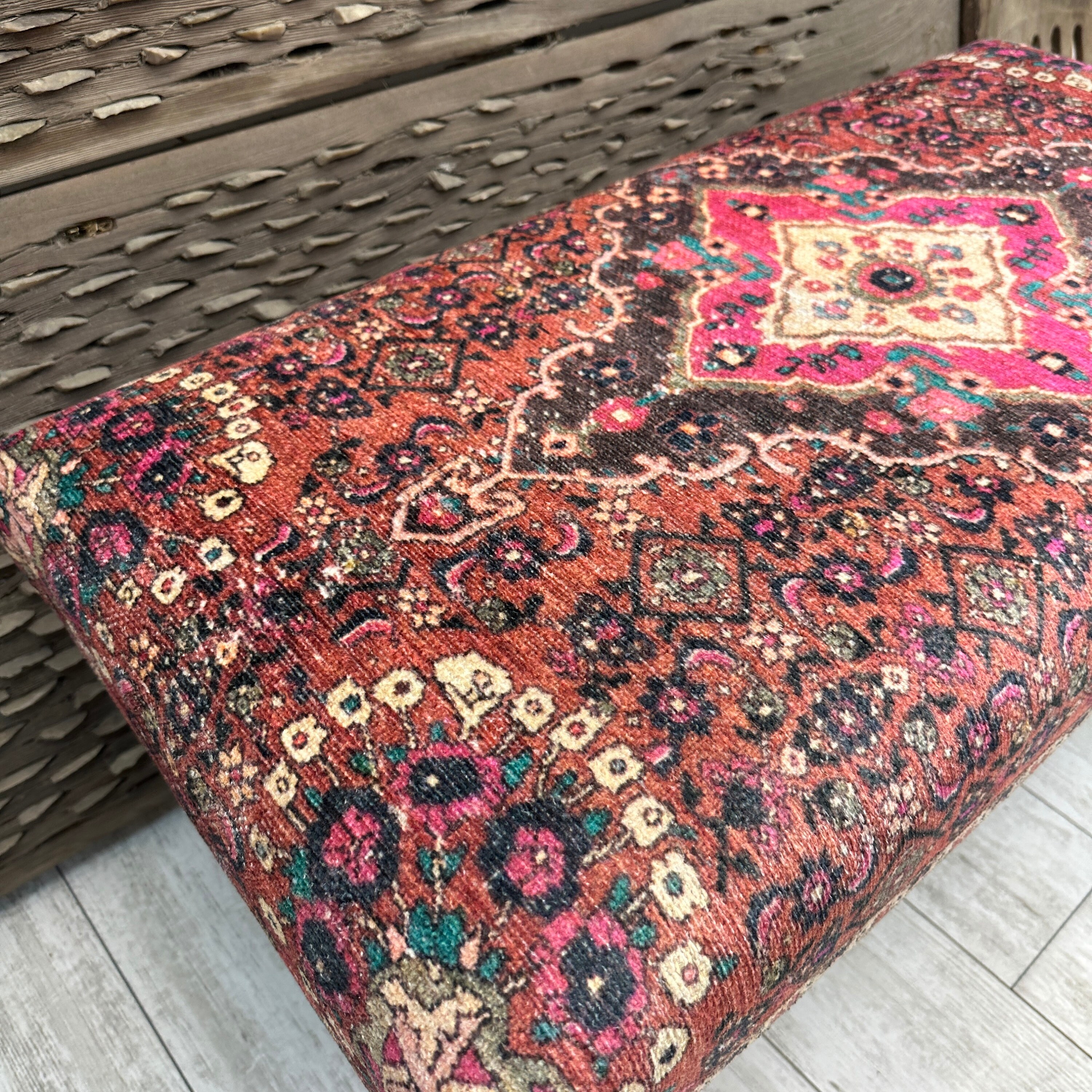Persian Rug Bench, Wood Work Bench, Ottoman, 18x36x36