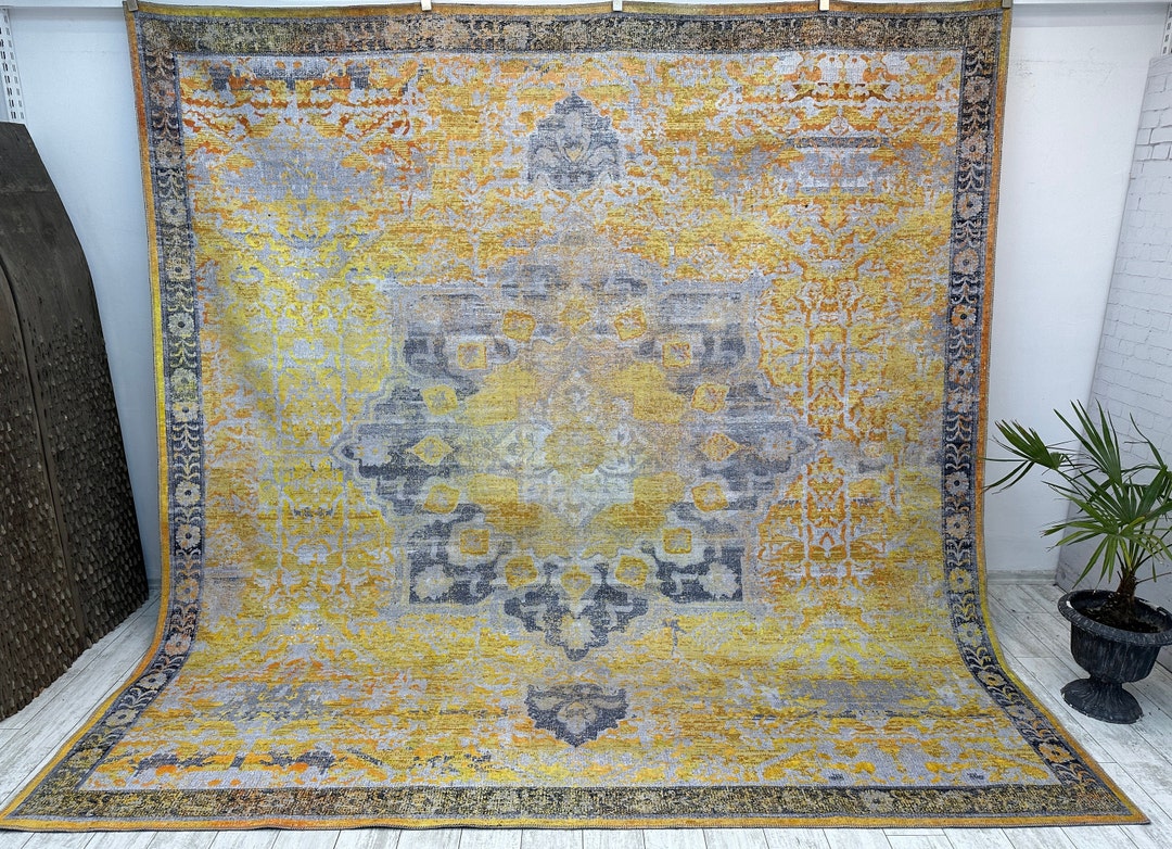 Yellow Square Persian Area Rug 10x10, Washable Turkish Area Rug ...