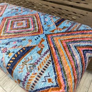 Geometric Ottoman Bench 18x48, Blue Moroccan Rug Upholstered Bench ...