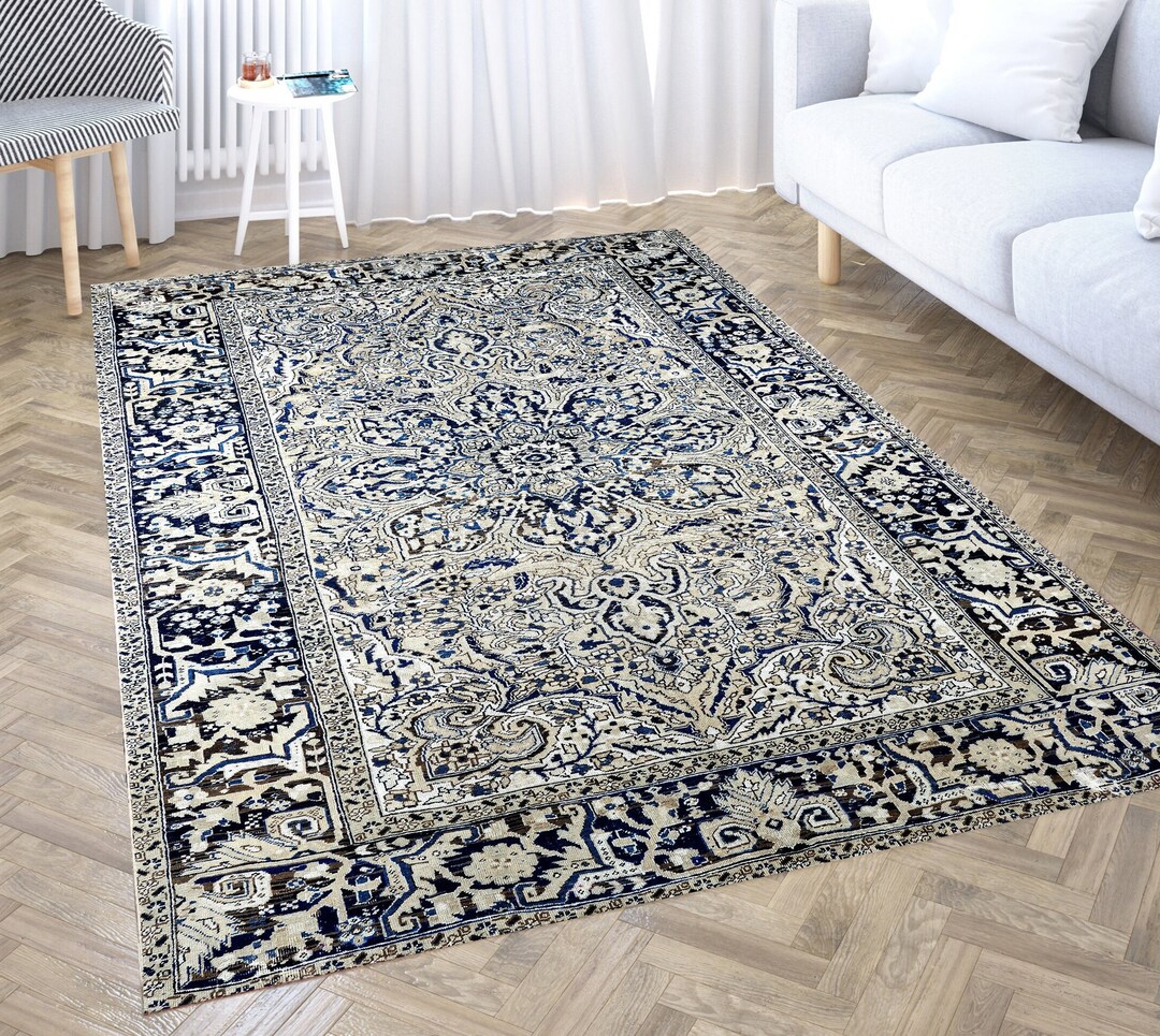Blue Persian Area Rug 5x8, Farmhouse Living Room Rug, Boho Kitchen Rug ...