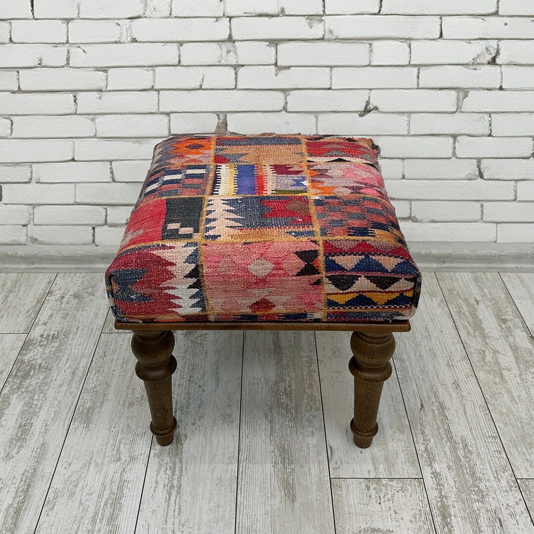 Patchwork Ottoman Bench 18x18, Small Entryway Bench,rug Upholstered Ottoman, Decorative ...