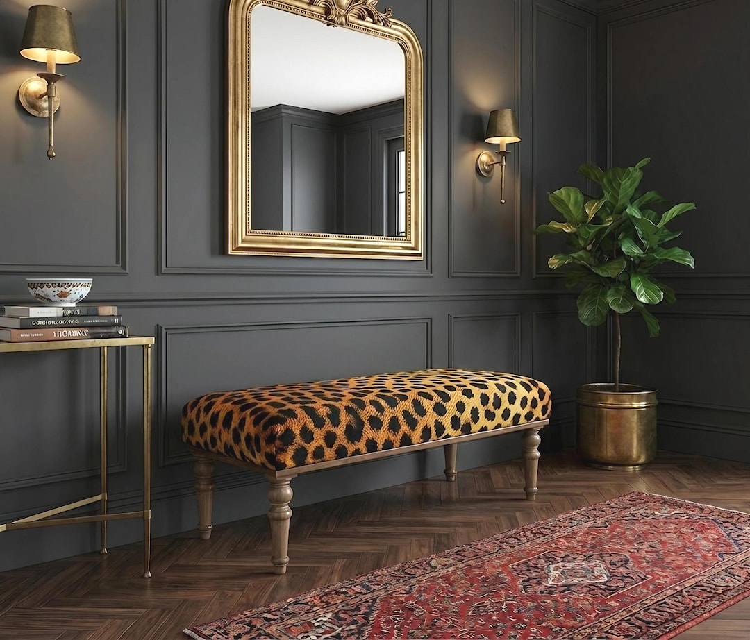 Leopard Design Bench, Leopard Pattern Rug Upholstered Ottoman Bench 48 ...
