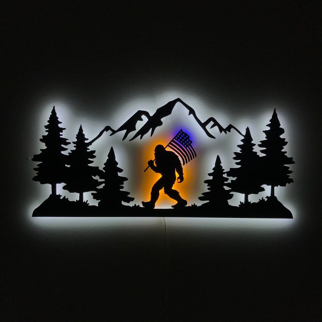 Sasquatch Metal Wall Decor, Bigfoot With USA Flag, Yeti Led Lighted ...
