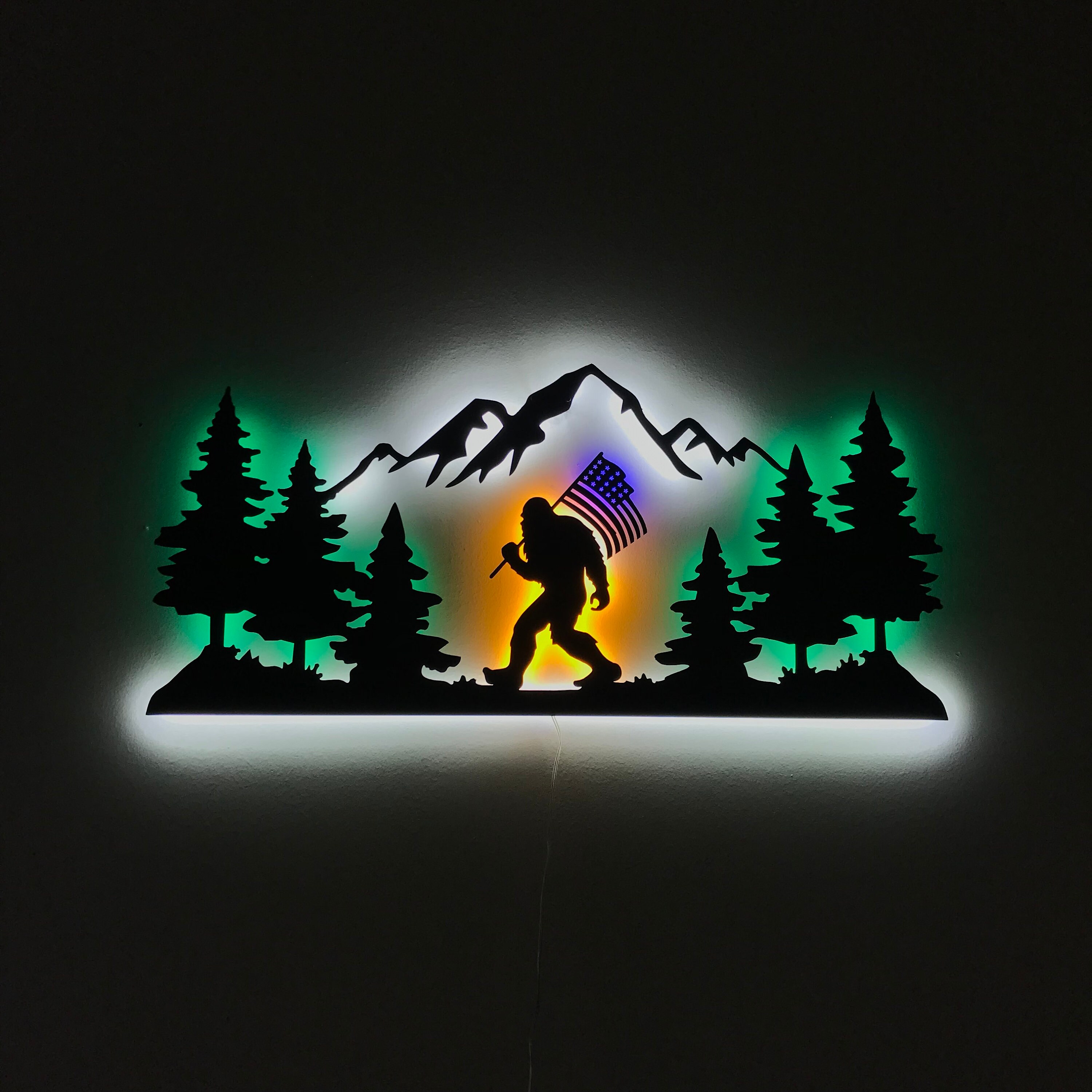 Sasquatch Metal Wall Decor, Bigfoot With USA Flag, Yeti Led Lighted ...