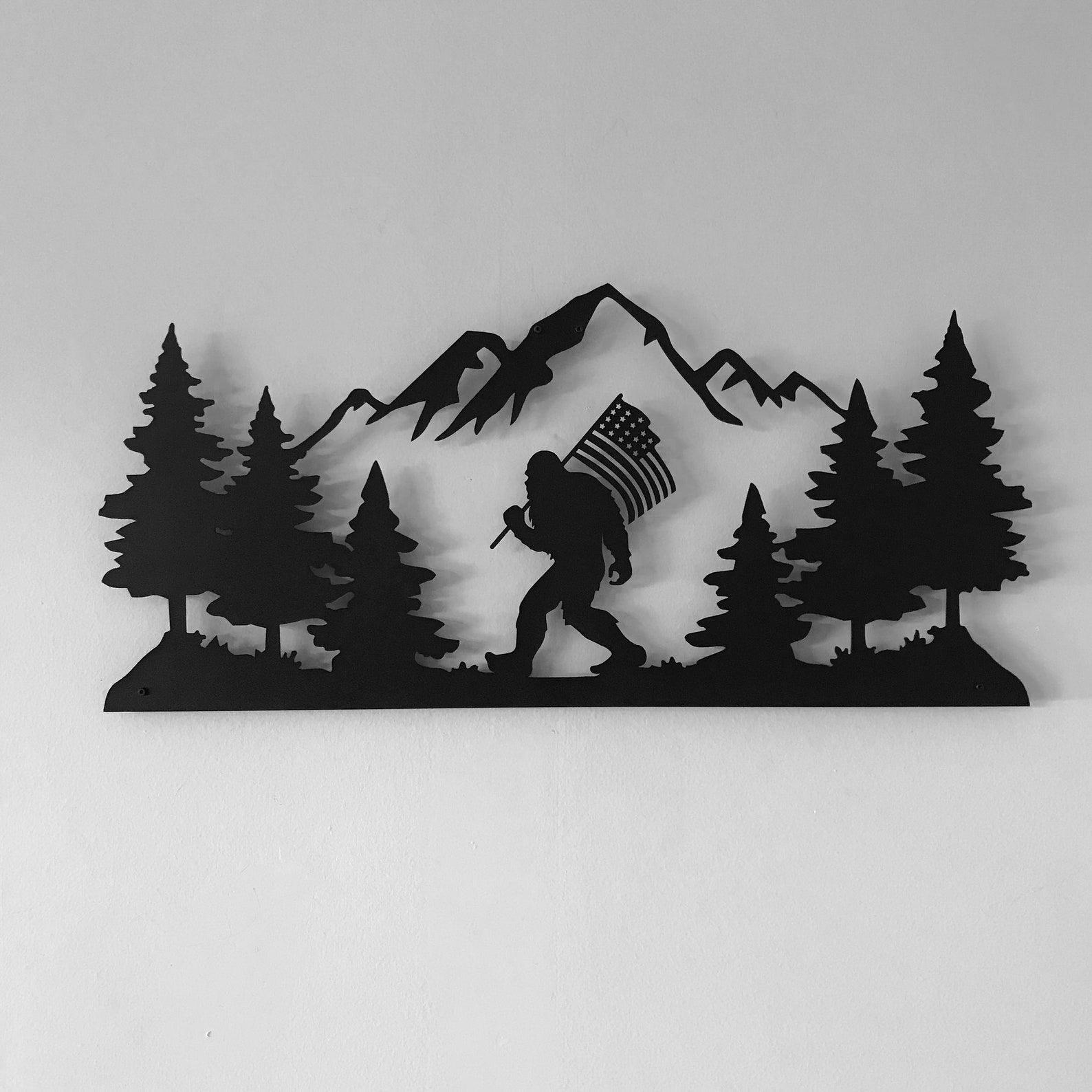 Sasquatch Metal Wall Decor, Bigfoot With USA Flag, Yeti Led Lighted ...