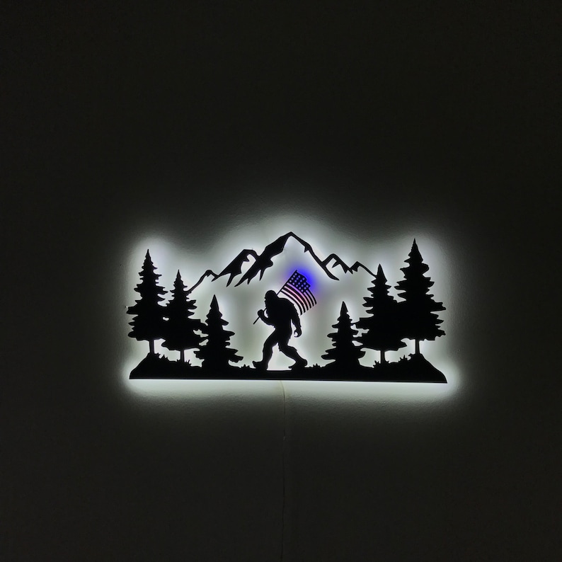 Sasquatch Metal Wall Decor, Bigfoot With USA Flag, Yeti Led Lighted ...