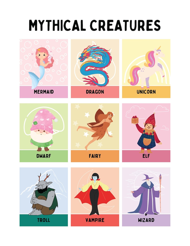 4 Animals Posters for Kids, Mythical Creatures, Farm Animals, Wild ...