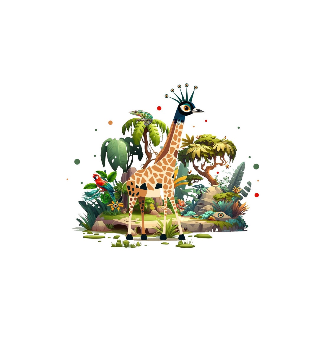 Tropical Design, Bird-headed Giraffe, Peacock Head, Reptile, Parrot ...