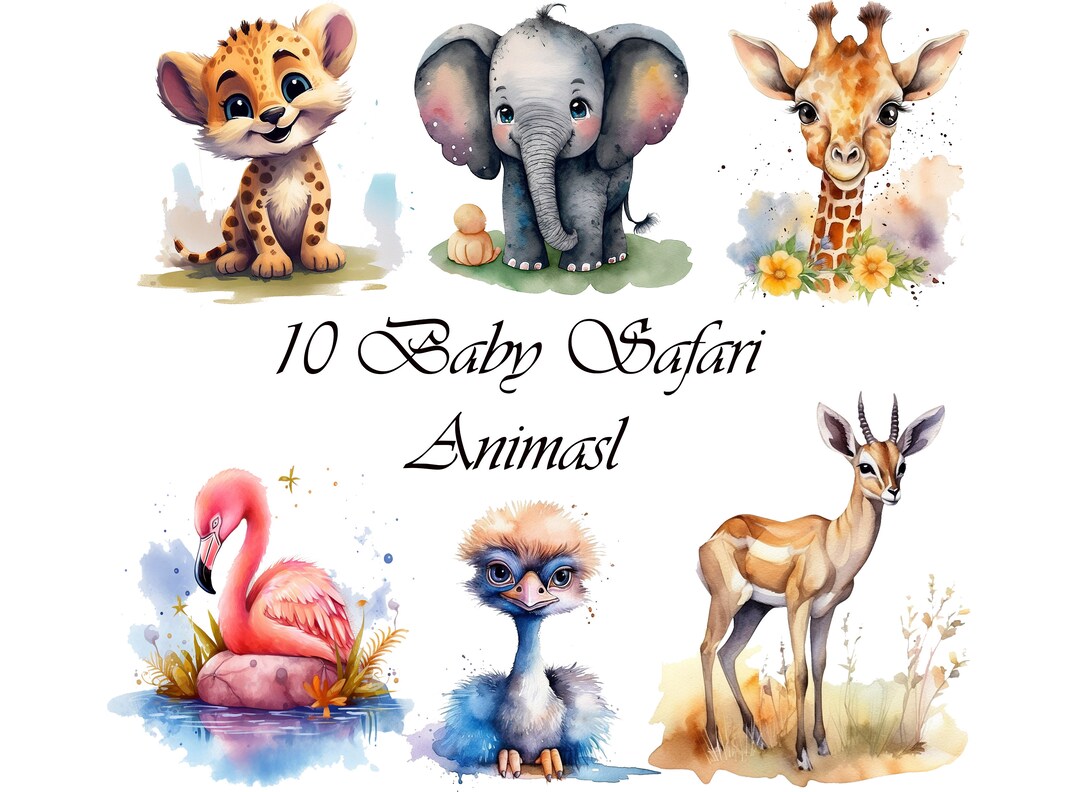 10 Safari Baby Animals Watercolor Clipart, Jpgs, Digital Crafting ...