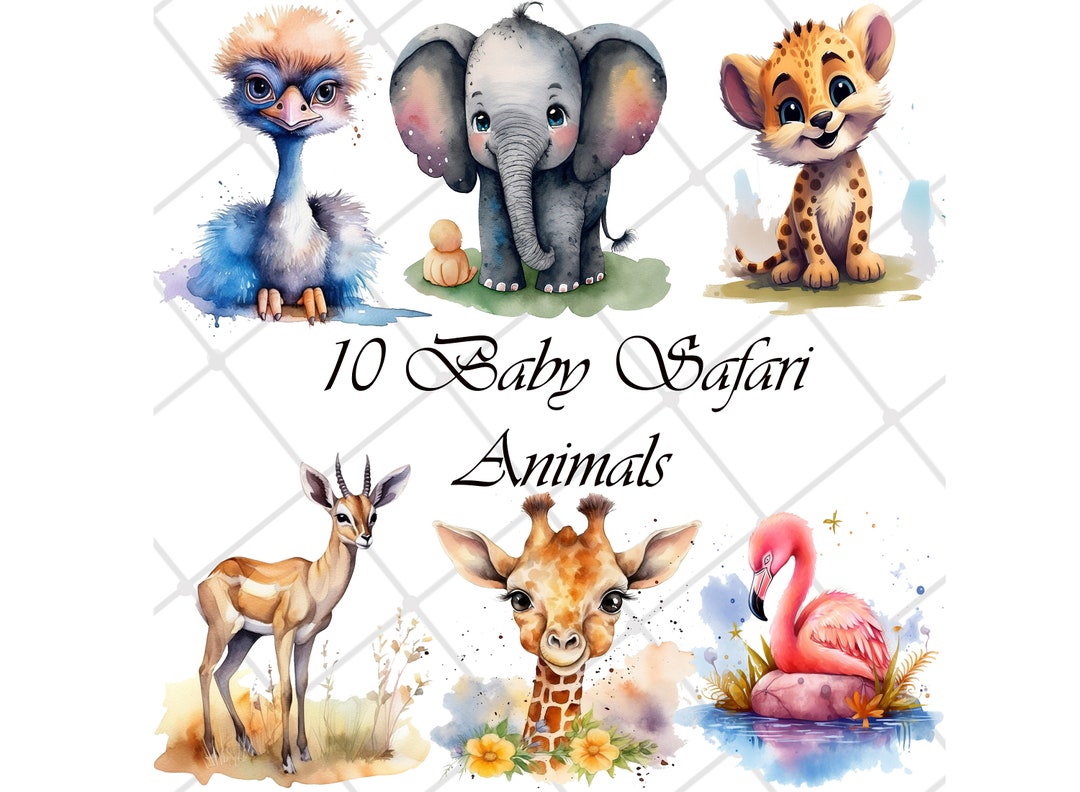 10 Safari Baby Animals Watercolor Clipart, PNG, Digital Crafting, Paper ...