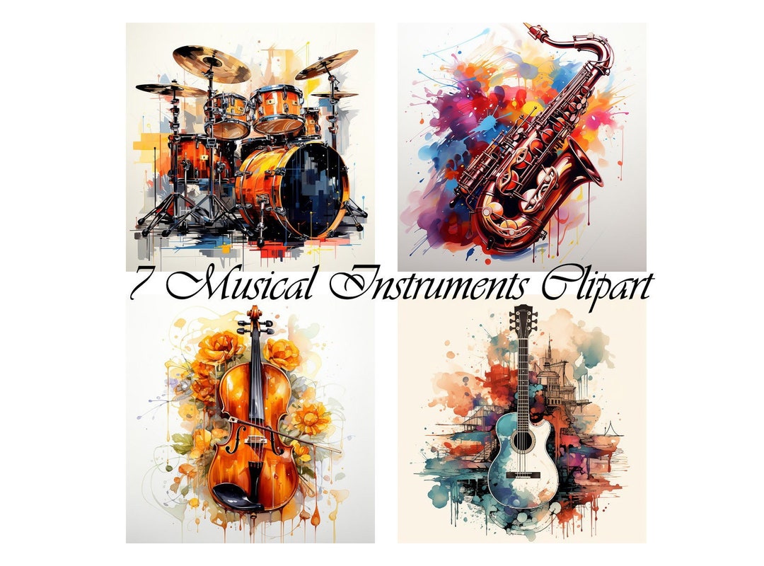 7 Musical Instruments, Piano Saxophone, Drum, Guitar, Cello Clipart ...