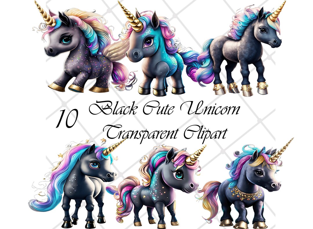10 Baby Black Unicorn Watercolor Clipart Png, Unicorn Сlip Art, Cute ...