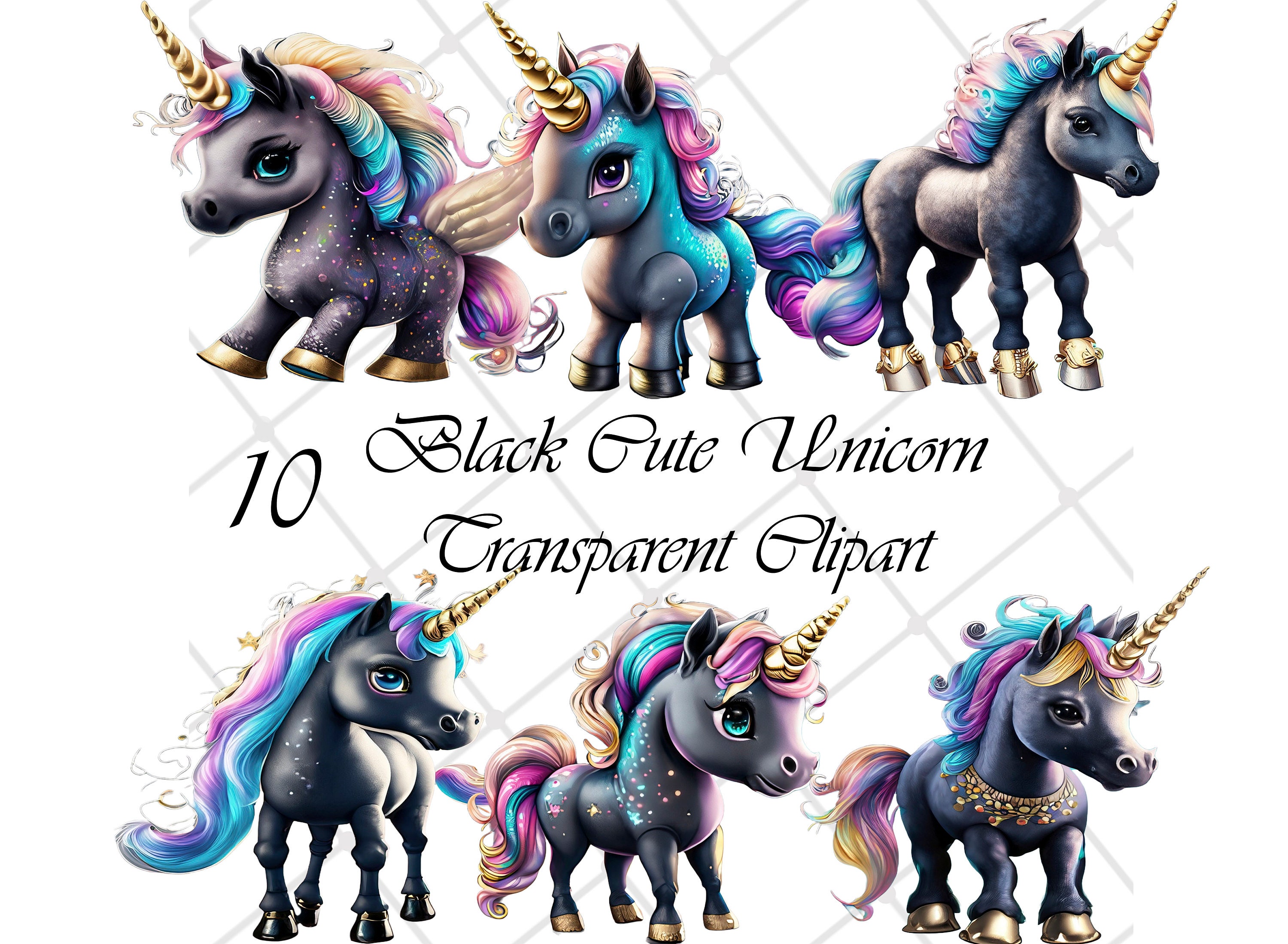 10 Baby Black Unicorn Watercolor Clipart Png, Unicorn Сlip Art, Cute ...