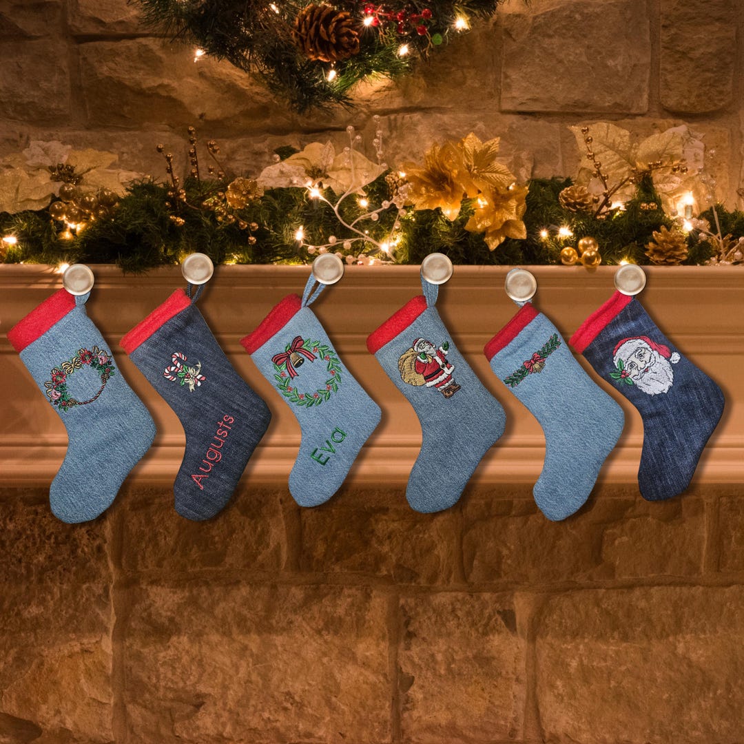 Personalized Denim Christmas Stocking | Embroidered Family Name ...