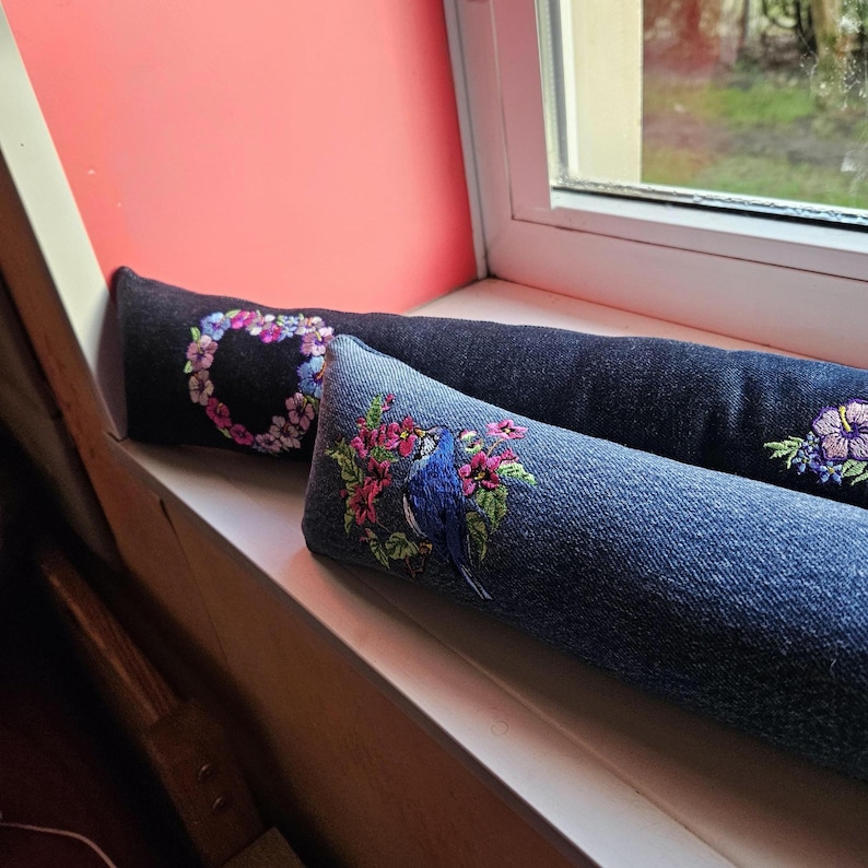 Embroidered Denim Window Draft Stopper, Upcycled Breeze Blocker - Etsy