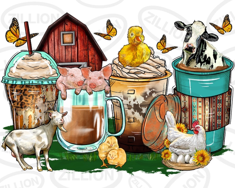 Farm Animals Coffee Cups Png Sublimation Design Western - Etsy