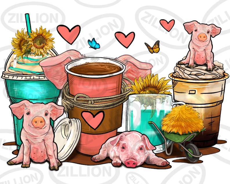 Pigs Coffee Cups Png Sublimation Design, Animal Coffee Cups Png Design ...