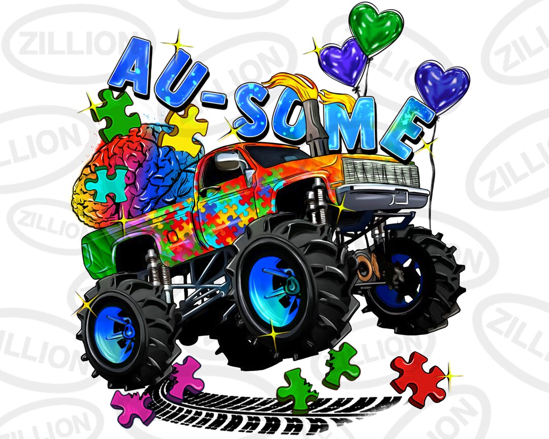 Monster Truck Au-some Png Sublimation Design Download, Autism Awareness ...