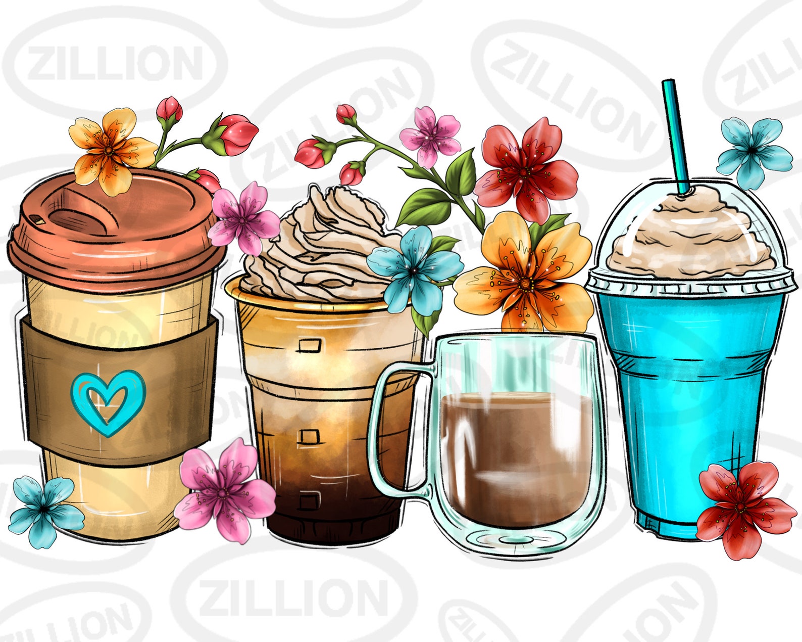 Flowers Coffee Cups Png Sublimation Design, Coffee Cups Png Design ...