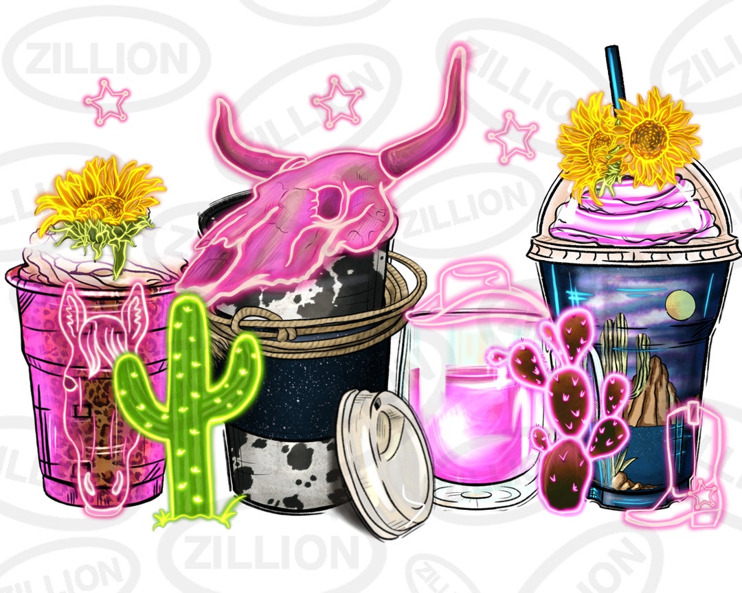 Neon Western Coffee Cups Png Sublimation Design, Coffee Cups Png Design ...