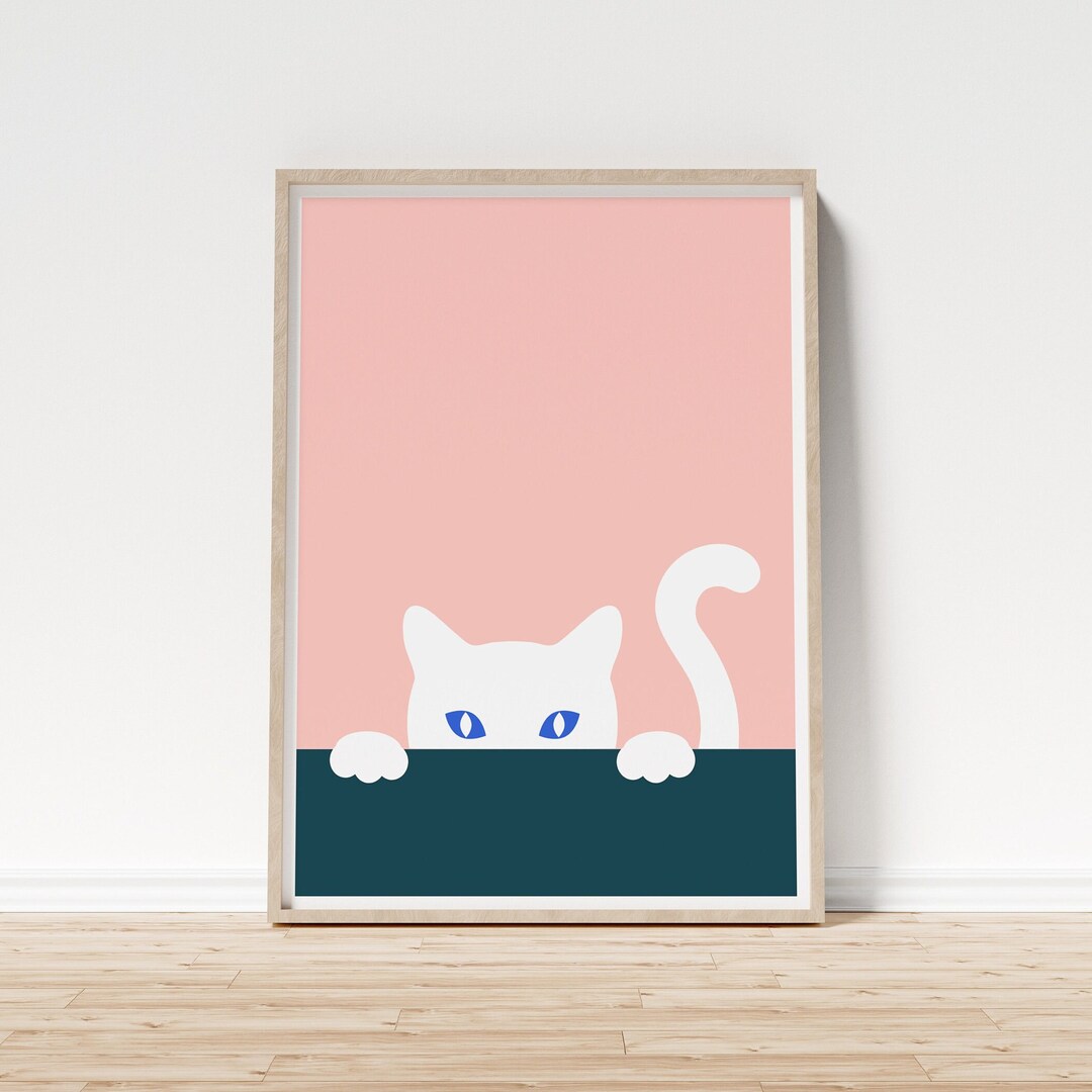 Cat Poster Minimal Pink & Blue Graphic Cat Illustration - Etsy