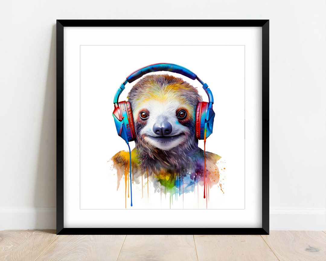 Sloth Wearing Headphones Wall Decor Sloth Art Gift Animal Art Poster ...