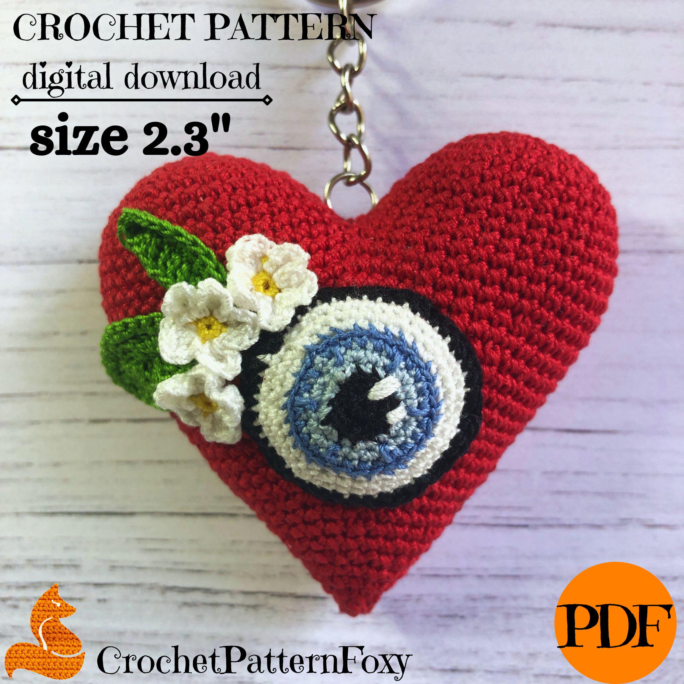 Evil Eye Heart Crochet Pattern PDF, Amigurumi Heart With Flowers ...