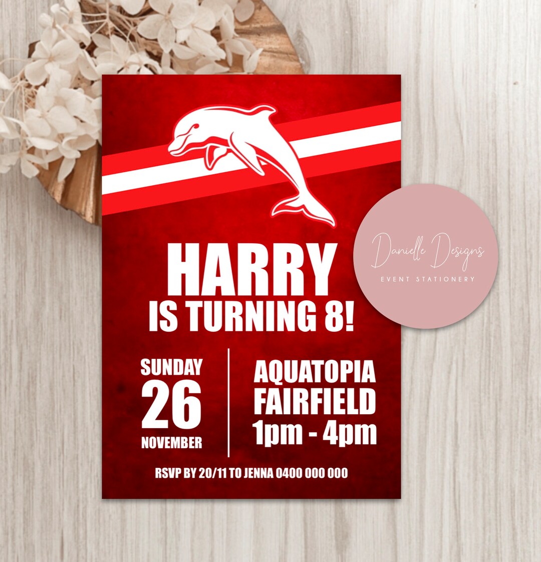 Instant Download NRL Birthday Invitation Redcliffe Dolphins Digital ...