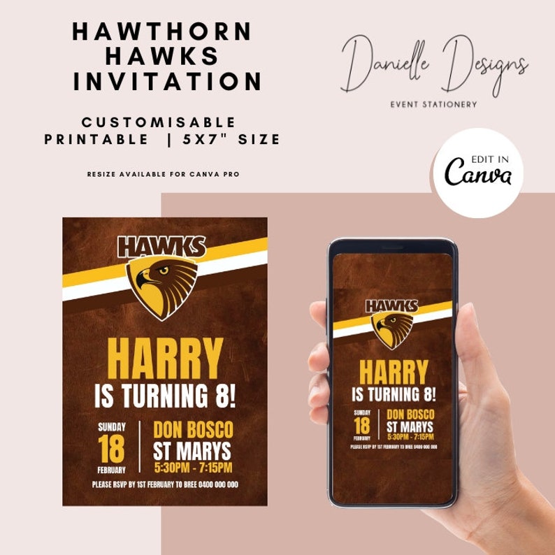 Instant Download Canva Template AFL Birthday Invitation Hawthorn Hawks ...
