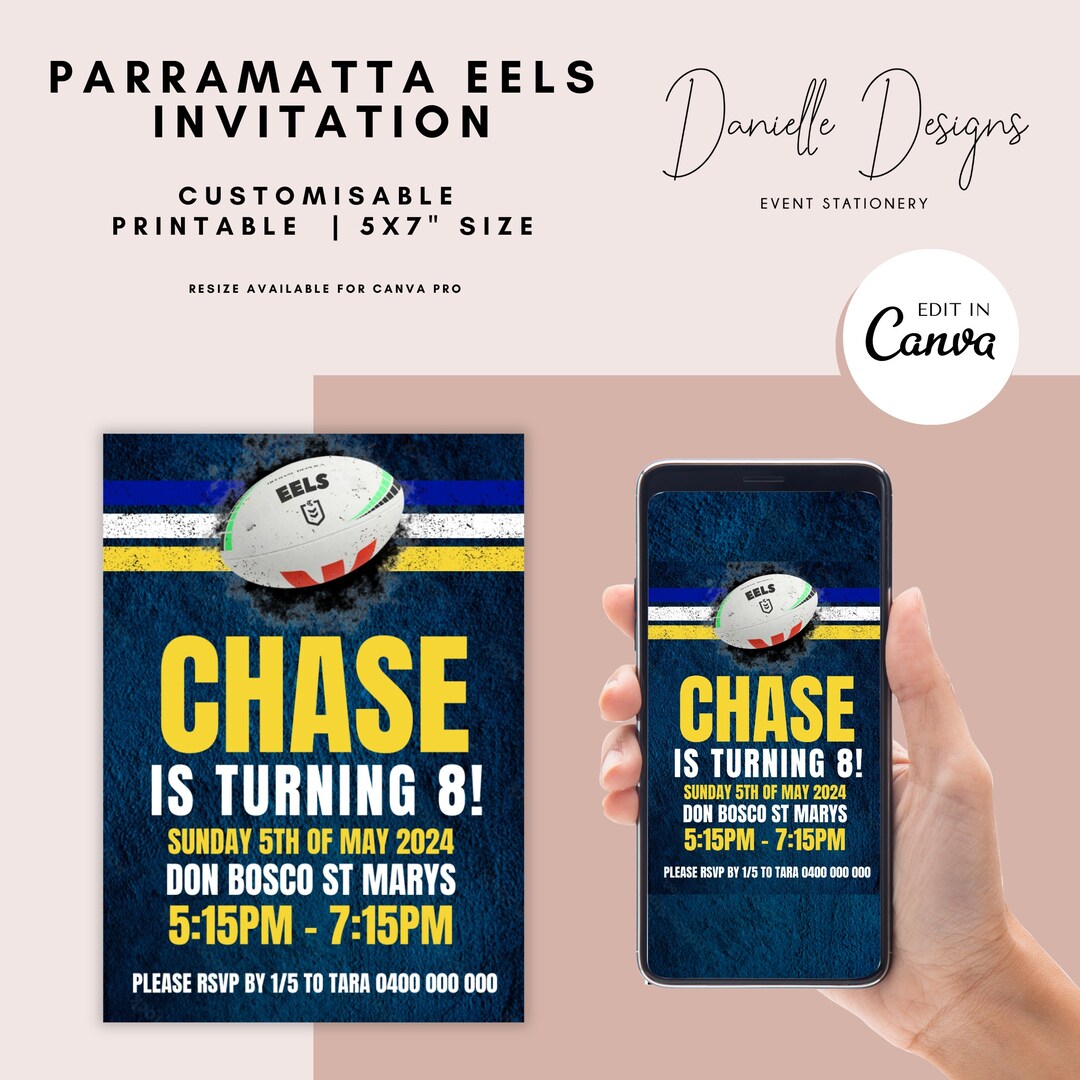 NRL Parramatta Eels Inspired Canva Editable Invitation Instant Download ...
